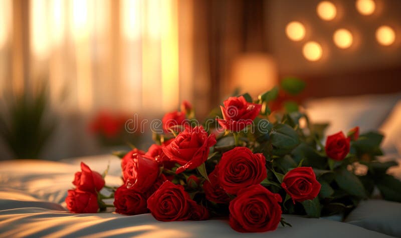Romantic Red Roses on Bed in Sunset Light,creating a Romantic Setting ...