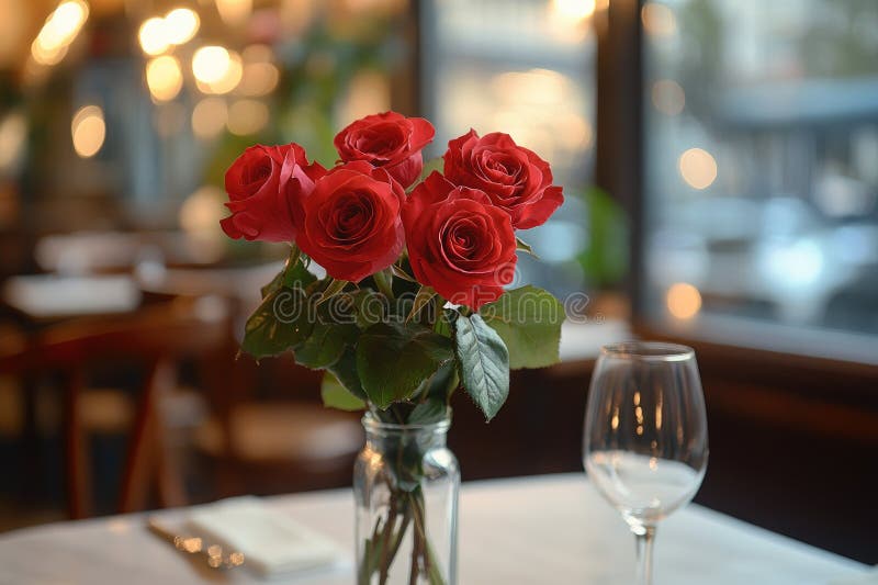 Bouquet of Red Roses Standing on a Table in a Restaurant Stock ...