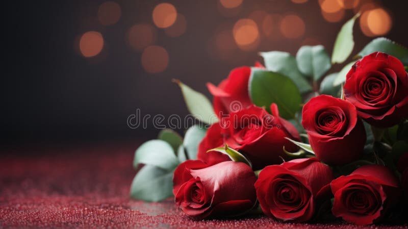 A Bouquet of Red Roses on a Table with Lights, AI Stock Illustration ...