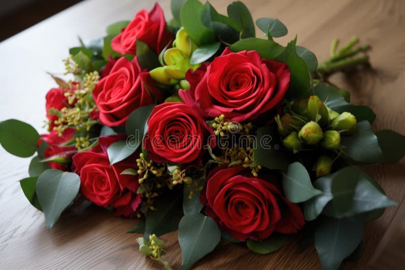 A Bouquet of Red Roses with a Vibrant Mix of Greenery Stock Image ...