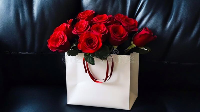 A Bouquet of Red Roses in a White Paper Bag on a Black Couch Stock ...