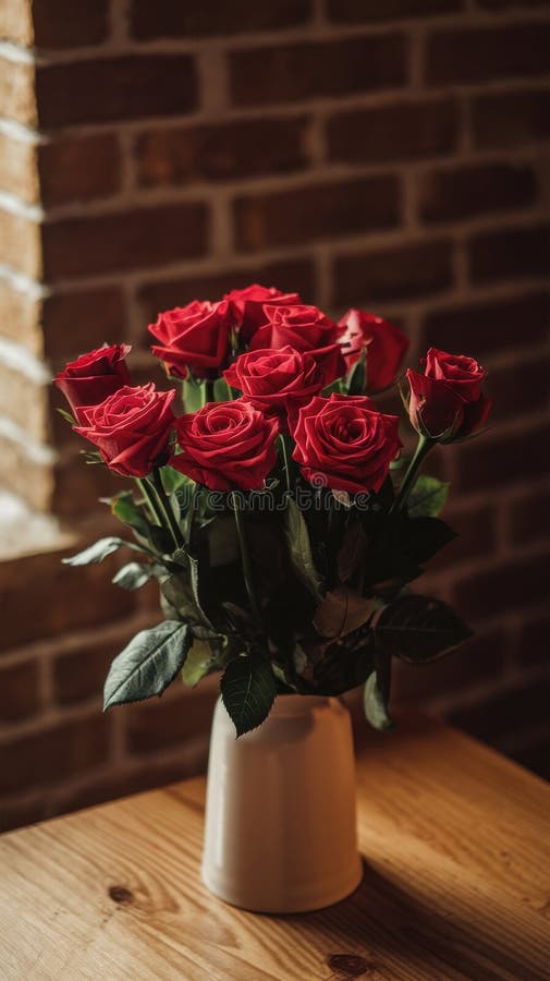 Bouquet of Red Roses in White Vase on Table, Elegant Floral Display ...