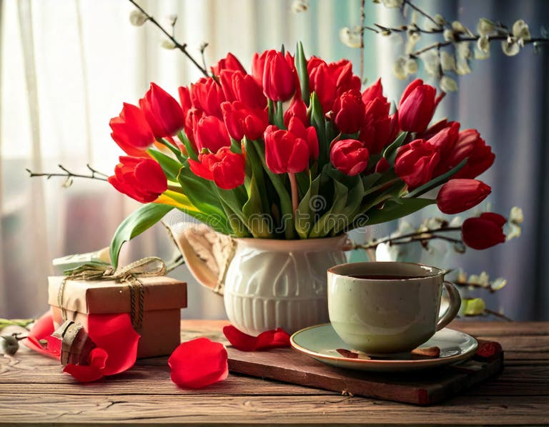 Bouquet of Red Tulips with Coffee Cup Stock Image - Image of lifestyle ...