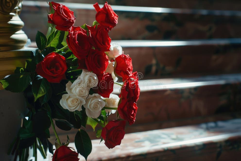 A Bouquet of Red and White Roses Placed on Stone Steps Stock Image ...