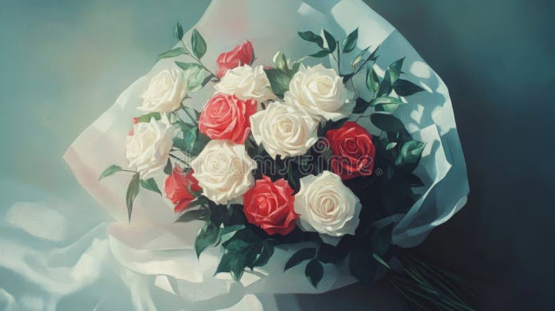 A Bouquet of Red and White Roses Wrapped in White Tissue Stock ...