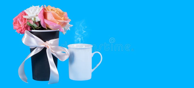 Bouquet of Rose Flowers, White Coffee Cup with Steam on Blue Background ...