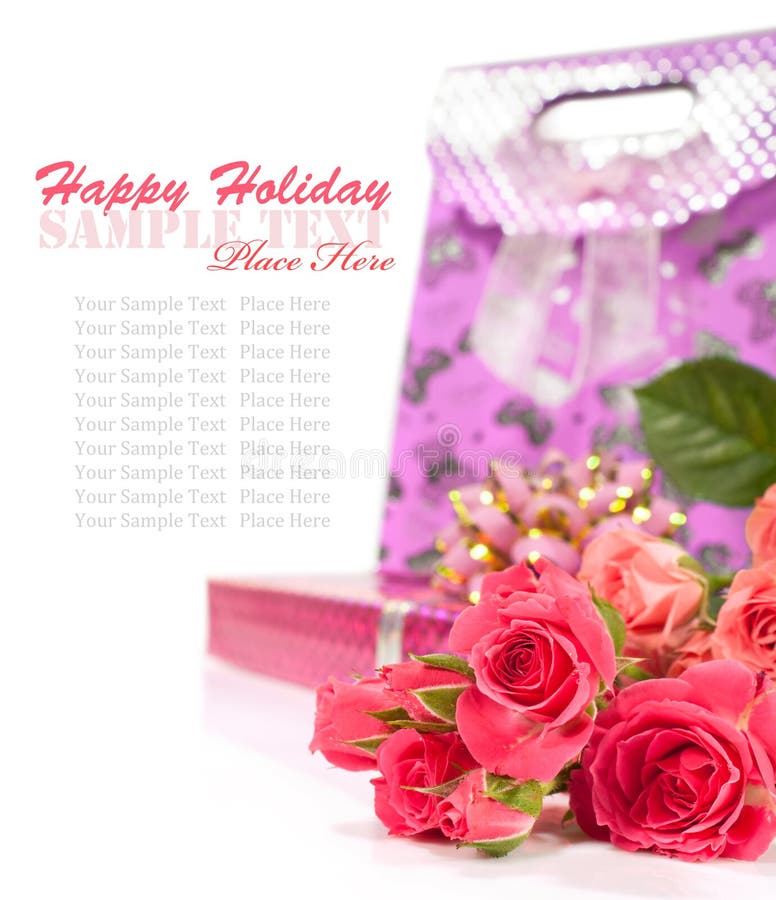 Bouquet of Roses and a Gift Box for the Holiday Stock Image - Image of ...