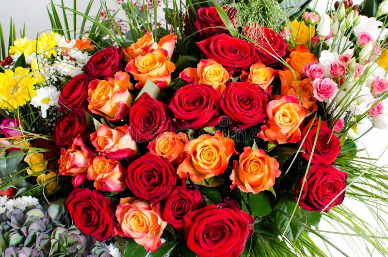 Bouquet of Roses and Many Other Flowers Stock Photo - Image of wedding ...