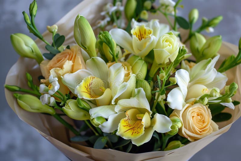 Bouquet of Roses and Orchids Stock Illustration - Illustration of fresh ...