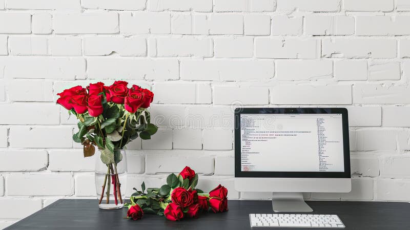 A Bouquet of Roses in a White Pitcher Sits on a Gray Desk Next To a ...