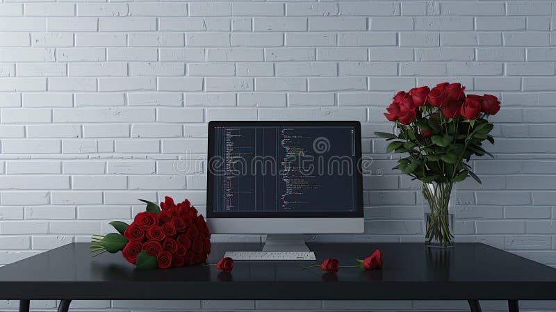 A Bouquet of Roses in a White Pitcher Sits on a Gray Desk Next To a ...