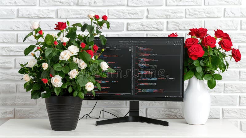 A Bouquet of Roses in a White Pitcher Sits on a Gray Desk Next To a ...