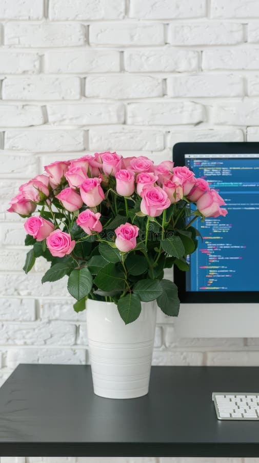 A Bouquet of Roses in a White Pitcher Sits on a Gray Desk Next To a ...
