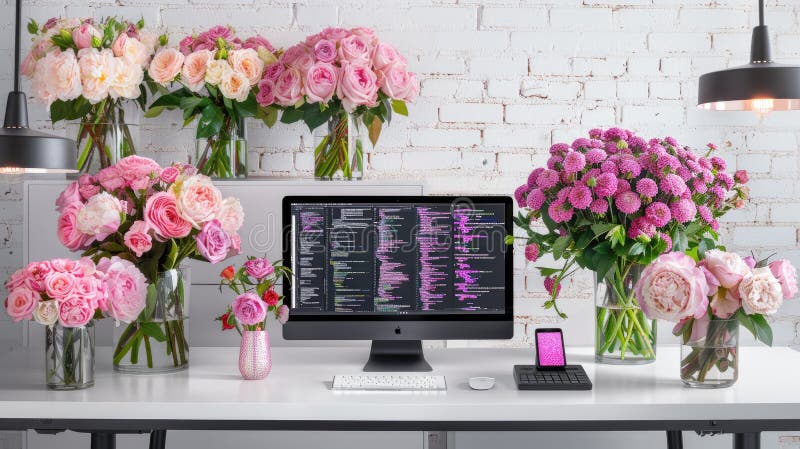A Bouquet of Roses in a White Pitcher Sits on a Gray Desk Next To a ...