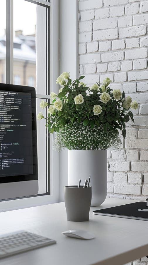 A Bouquet of Roses in a White Pitcher Sits on a Gray Desk Next To a ...