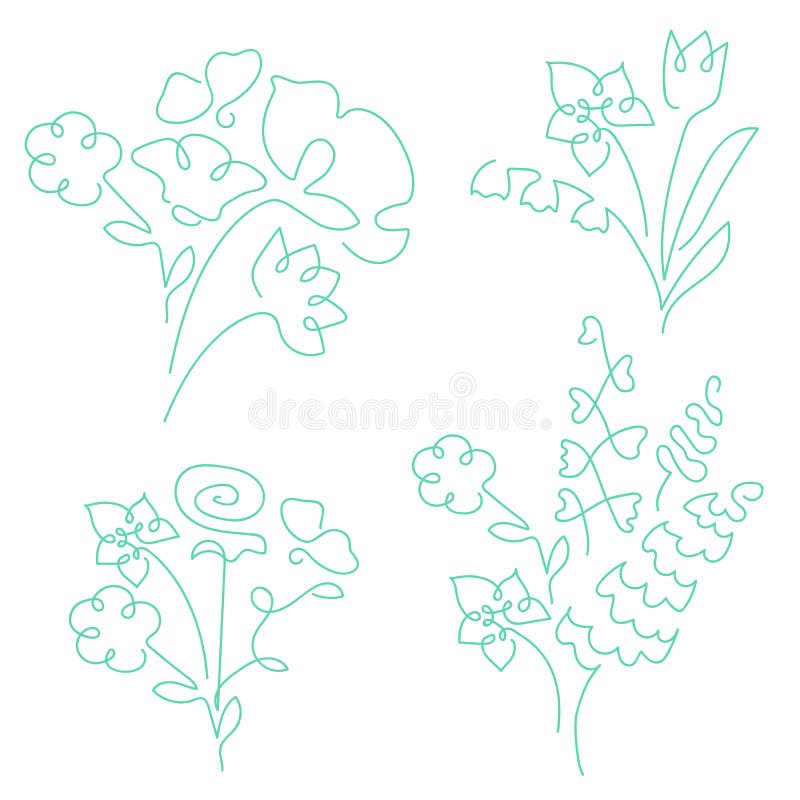 Bouquet Set Made of Continuous Linear Flowers Stock Vector ...