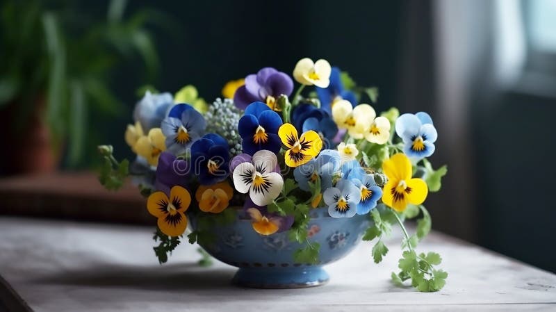 Bouquet of Spring Blue, Yellow Flowers Violets in a Vase on the Table ...