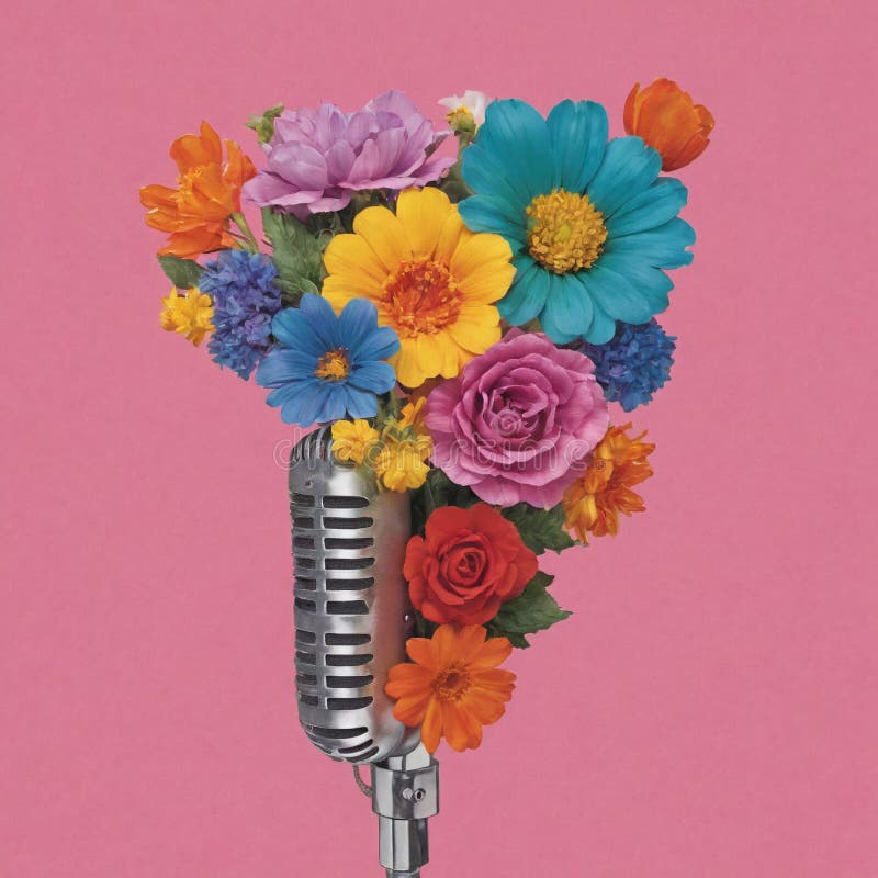 A Bouquet of Flowers in a Microphone on a Pink Background. Stock ...