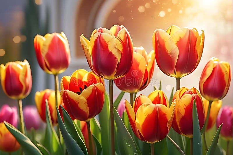 Bouquet of Vibrant Tulips Embracing the Foreground - Soft Pastel Background Contrasting the ...