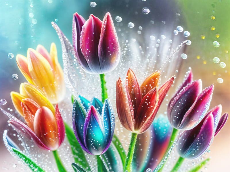Bouquet of Wet Tulips in Splashes of Water Stock Illustration ...