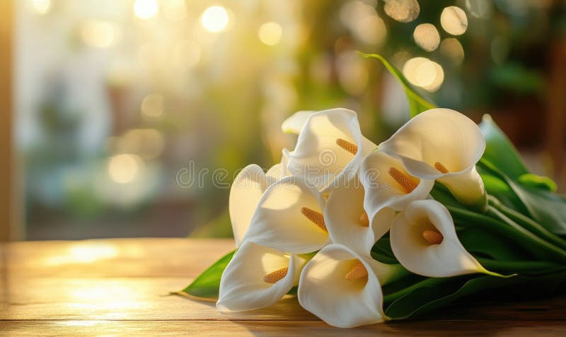 A Bouquet of White Flowers Sits on a Wooden Table Stock Image - Image ...