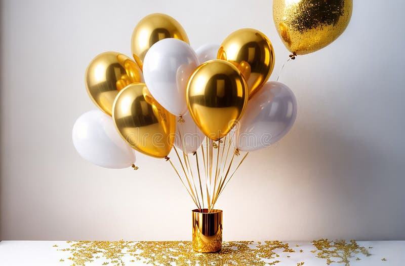 Bouquet of White and Gold Balloons on a White Background Stock ...