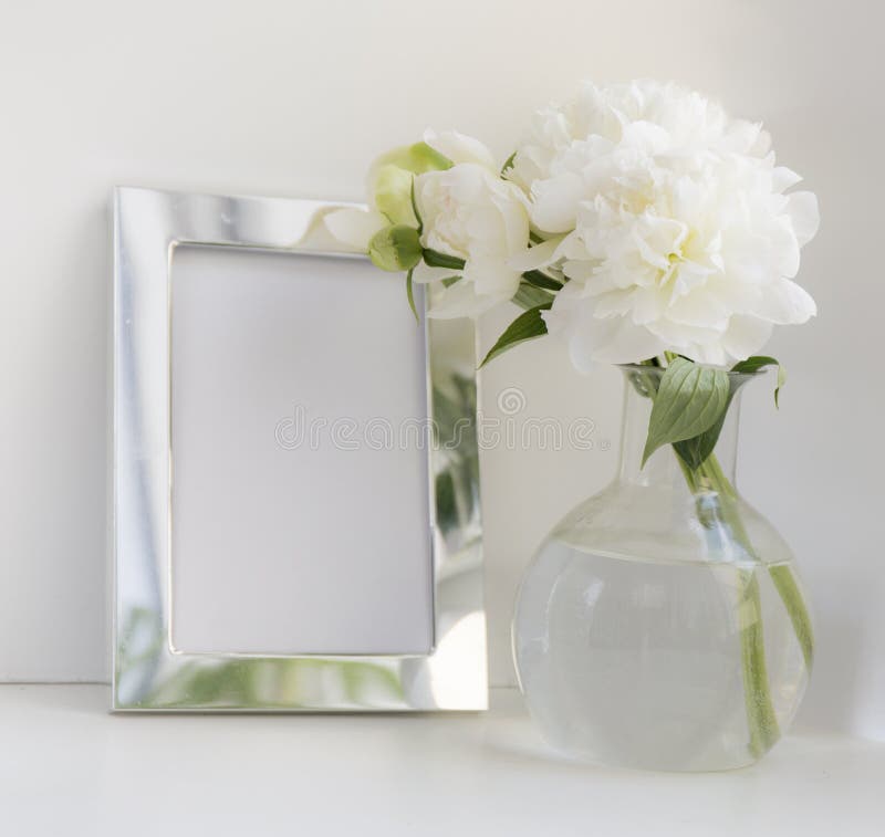 Bouquet of White Peonies and Silver Frame Stock Photo - Image of ...