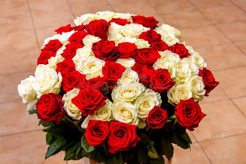 Bouquet of White and Red Roses for Greetings on a Holiday_ Stock Image ...