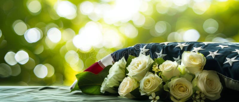 A Bouquet of White Roses on an American Flag Shines Under a Soft ...