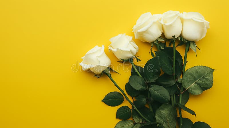 A Bouquet of White Roses is Displayed on a Yellow Background Stock ...