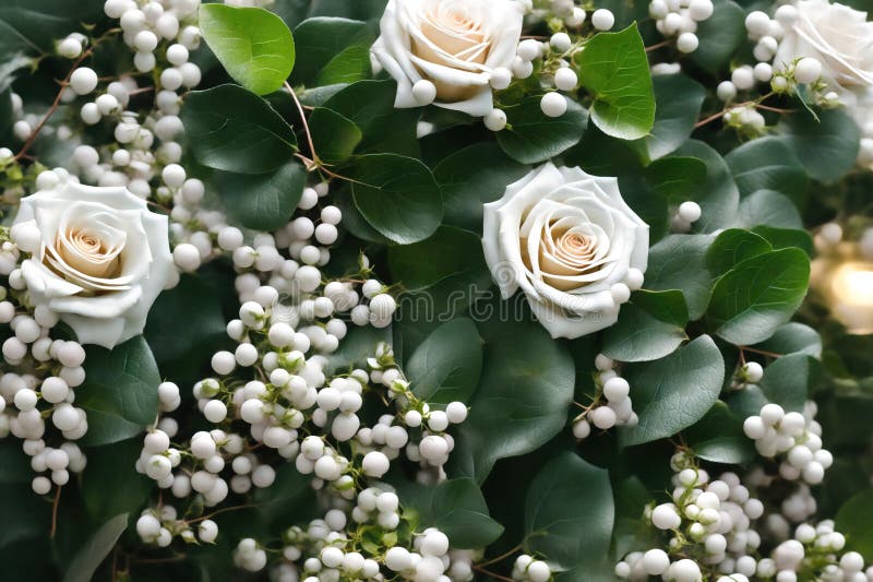 A Bouquet of White Roses with Green Leaves. Stock Image - Image of ...