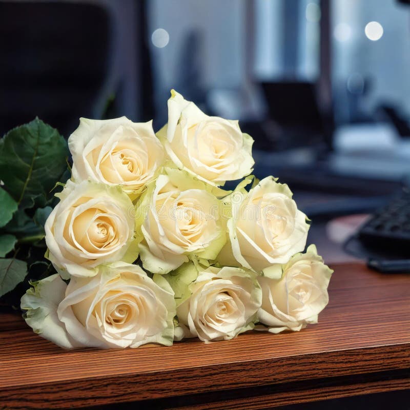 Bouquet of White Roses in an Office Desk for Valentines S Day Stock ...