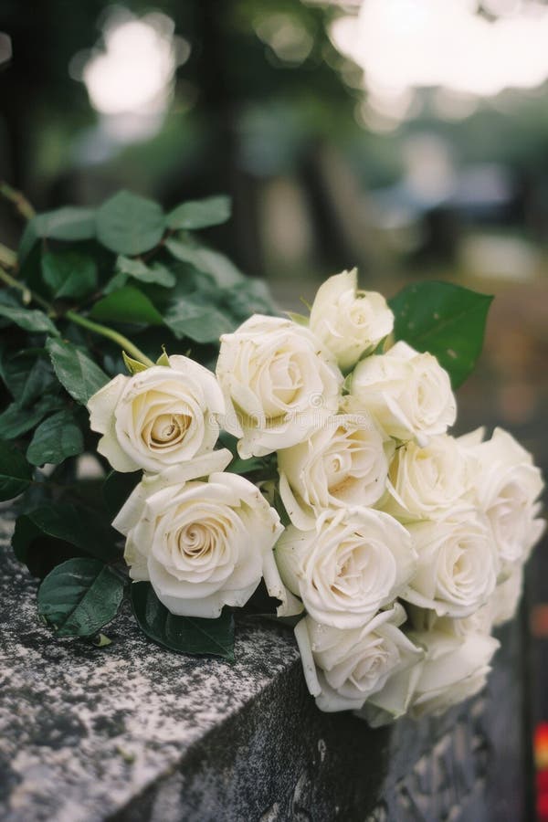 A Bouquet of White Roses is Sitting on a Stone Monument Stock Photo ...