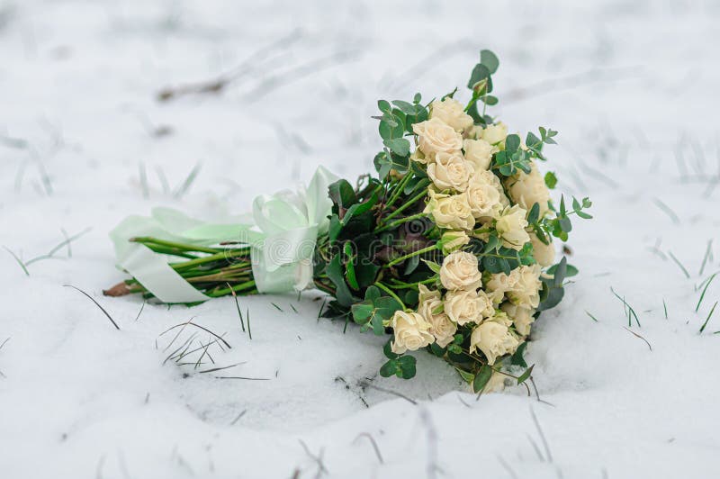 Bouquet of White Roses in the Snow Stock Image - Image of color, light ...