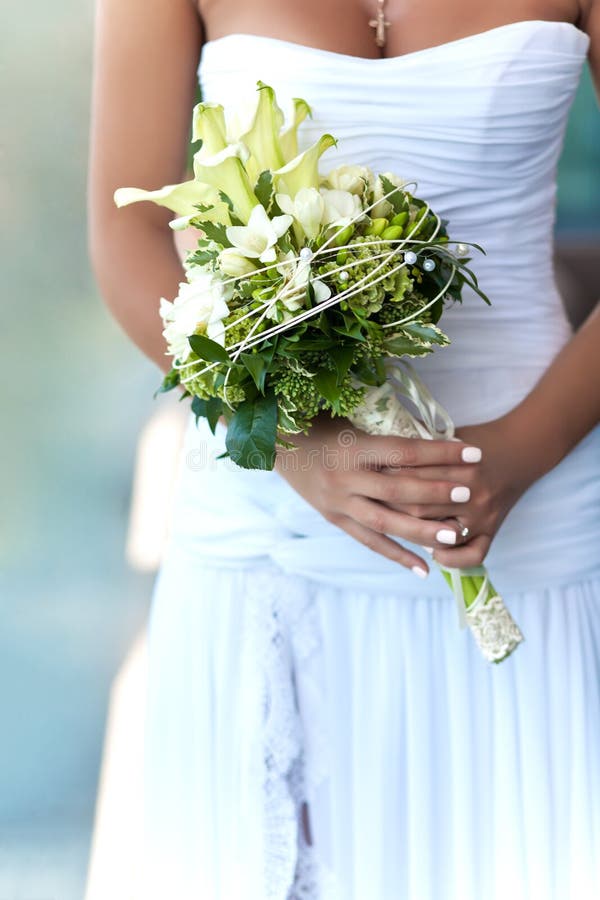 Bouquet of White Wedding Flowers in Bride S Hands Stock Photo - Image ...