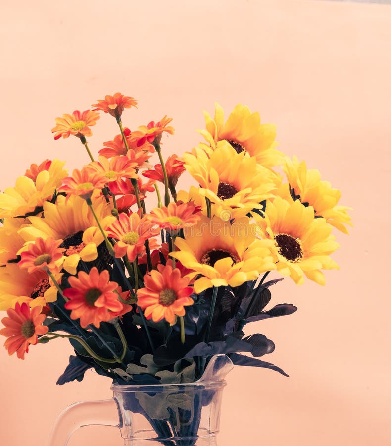 Bouquet Yellow Flowers in Jug on Pink Background. Stock Photo - Image ...
