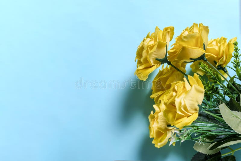 Bouquet of Yellow Roses on a Blue Background. Place for Text Stock ...