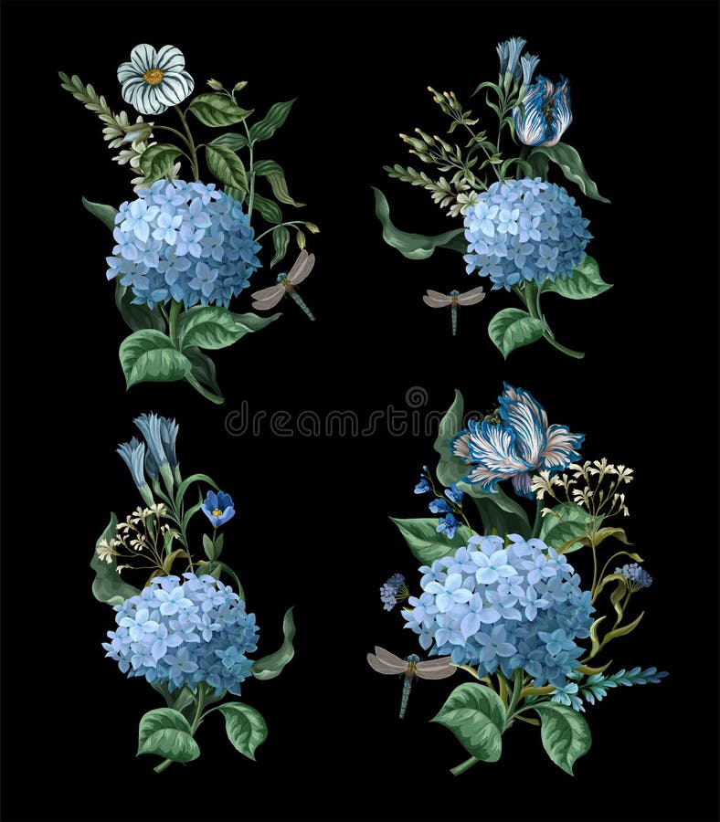 Bouquets with Blue Hydrangeas and Other Flowers Isolated. Vector. Stock ...