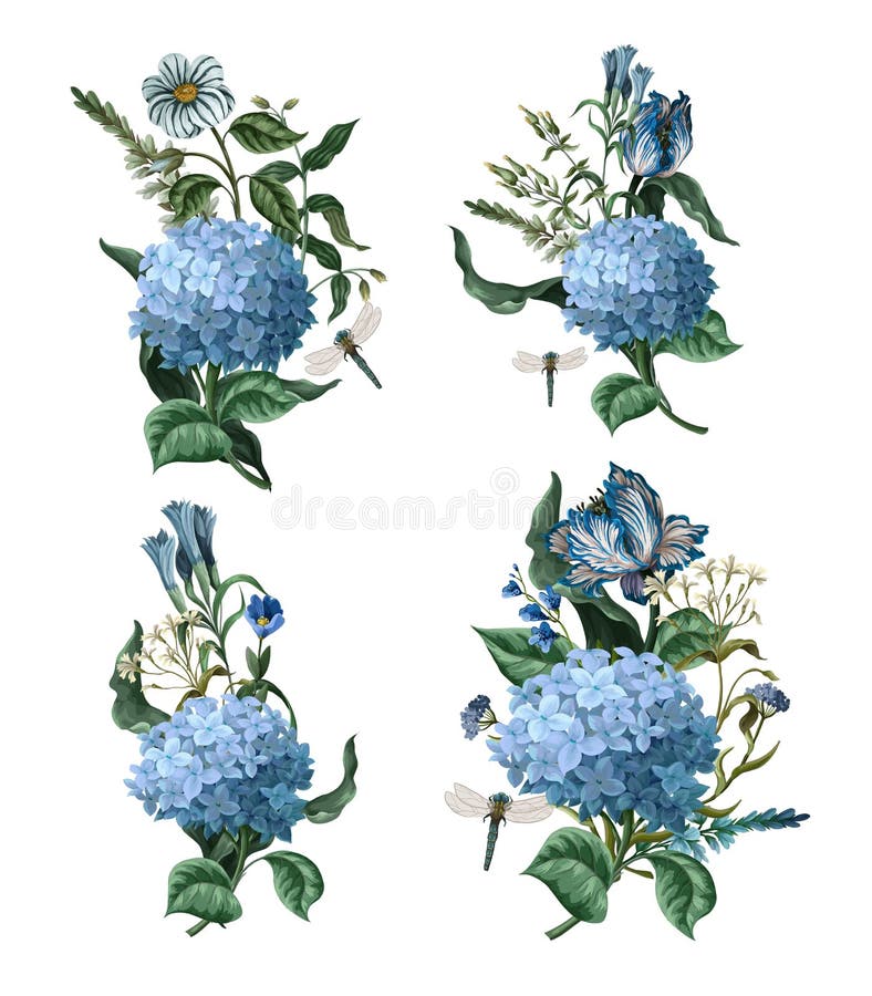Bouquets with Blue Hydrangeas and Other Flowers Isolated. Vector. Stock ...