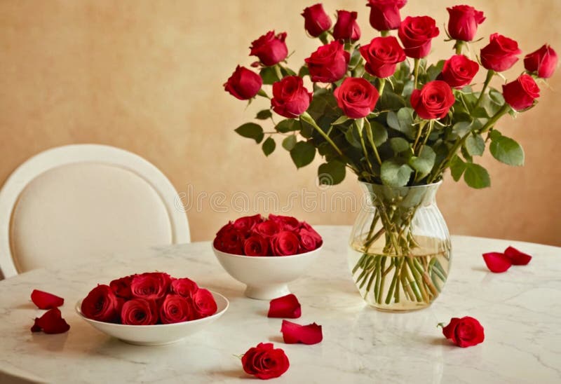 Bouquets of Bright Red Roses Placed on an Elegant White Table Stock ...