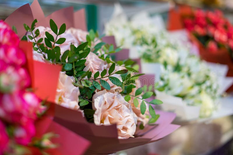 Bouquets of Roses in a Flower Shop Stock Image - Image of flowers ...