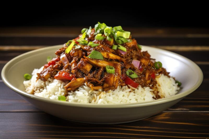 Bourbon Bbq Pulled Chicken on White Rice, Seen from an Angle Stock ...