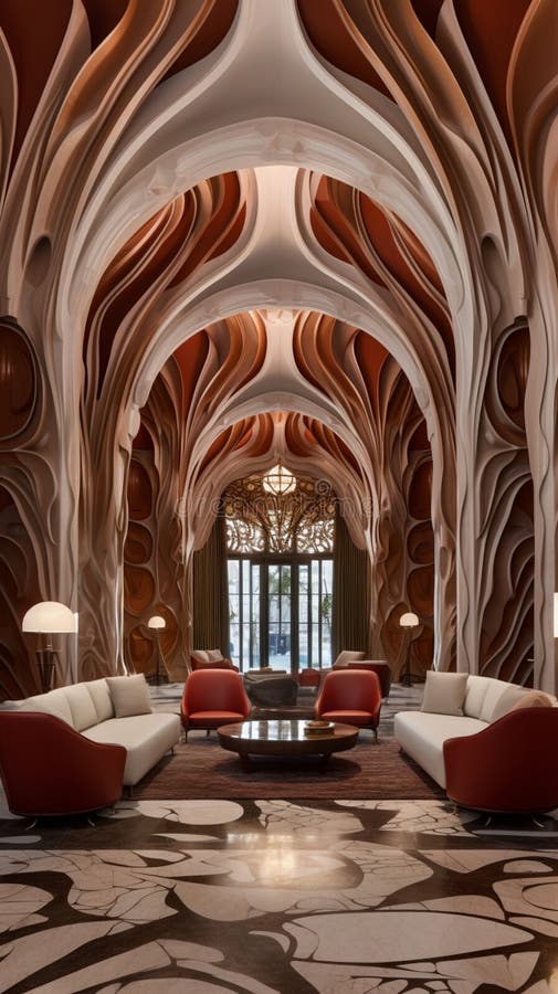A Boutique Hotel Lobby with a 3D Art Nouveau Wall Pattern, Featuring ...