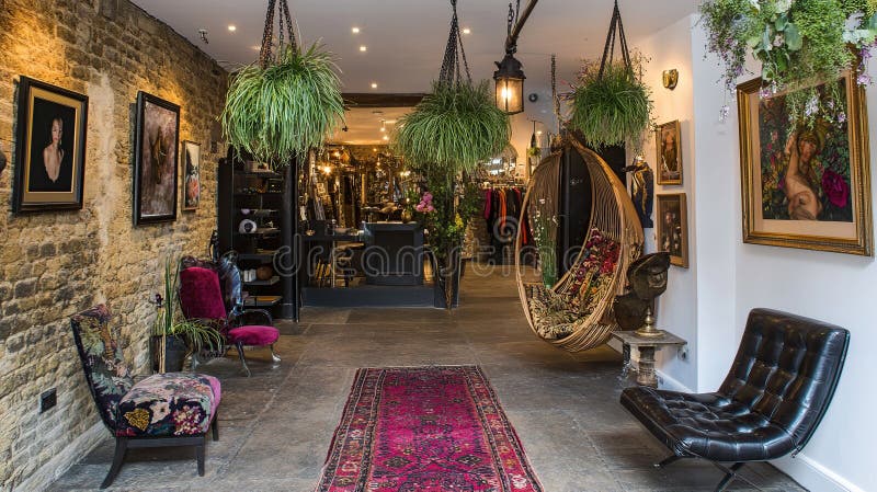 Boutique Interior, Hanging Plants, Stone Wall, Rug, Waiting Area Stock ...