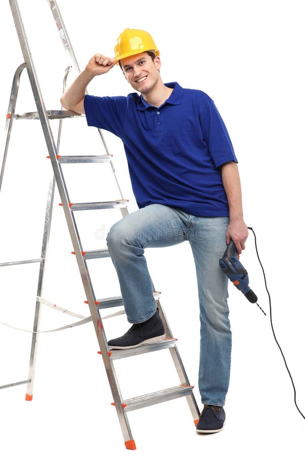 Bouwvakker met een ladder stock foto. Image of bouw, gelukkig - 29166148