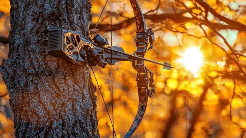 Bow Arrow Resting Against a Tree in the Forest at Sunset Stock ...