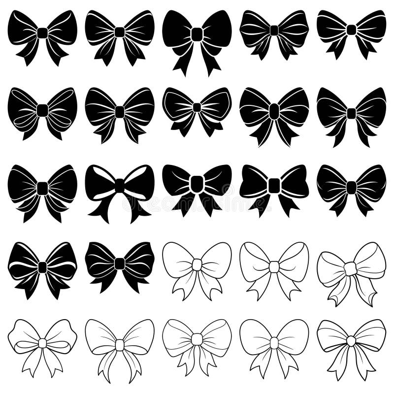 Various Bow Designs, Vector Illustration, Black and White, Isolated on ...