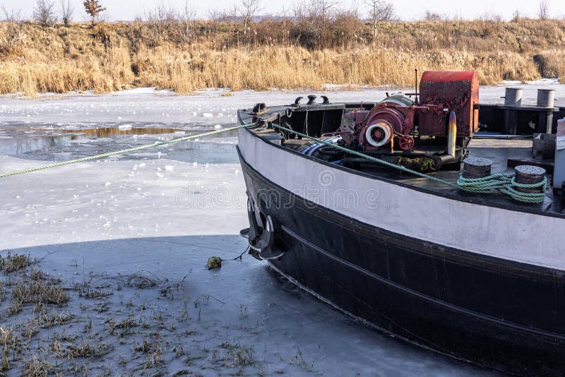 The Bow of a Barge on an Ice-bound River. Rigging on the Deck of the ...