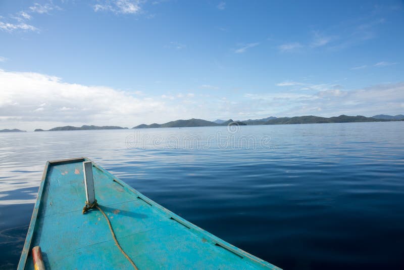 Bow of Blue Boat Sailing on the Sea Stock Photo - Image of horizon ...