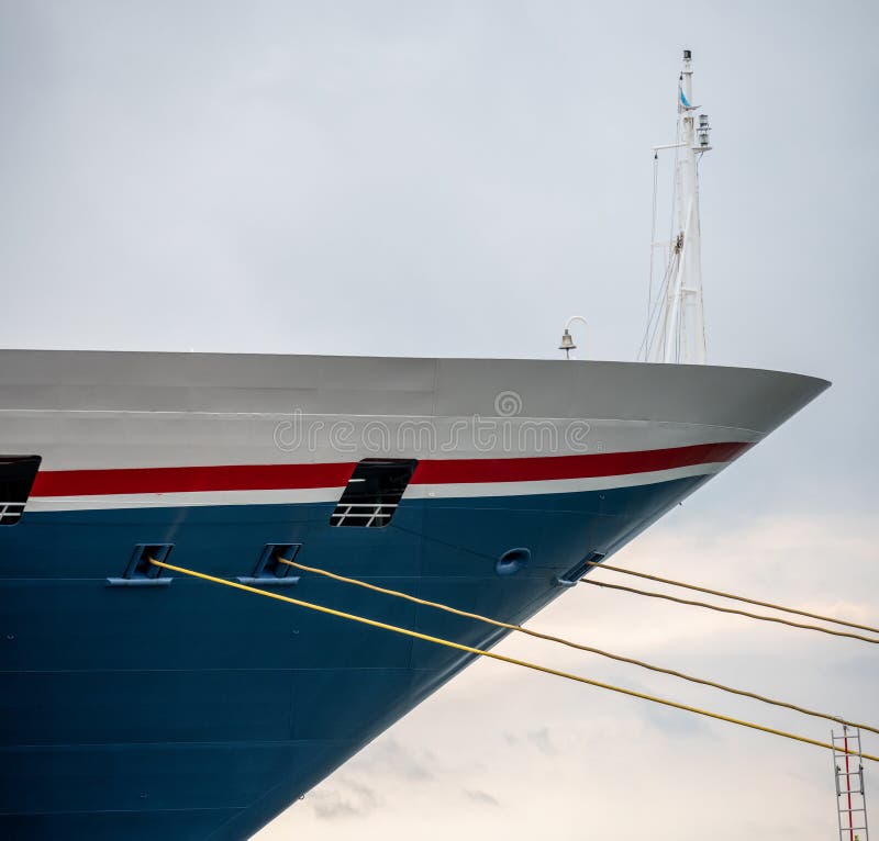 Bow of a Blue Red and White Cruise Ship at Port.. Stock Photo - Image ...